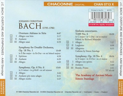 SIMON STANDAGE J.C. BACH: OVERTURE, ADRIANO IN SIRIA; SYMPHONIES; SINFONIA CONCE 95115071328| eBay