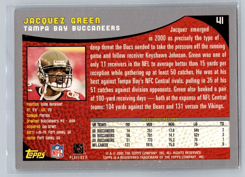 2001 TOPPS CARD # 41 Jacquez Green - Tampa Bay Buccaneers | eBay