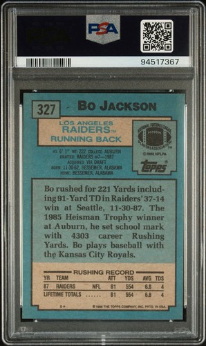 1988 Topps Super Rookie Bo Jackson RC #327 Los Angeles Raiders PSA Near ...