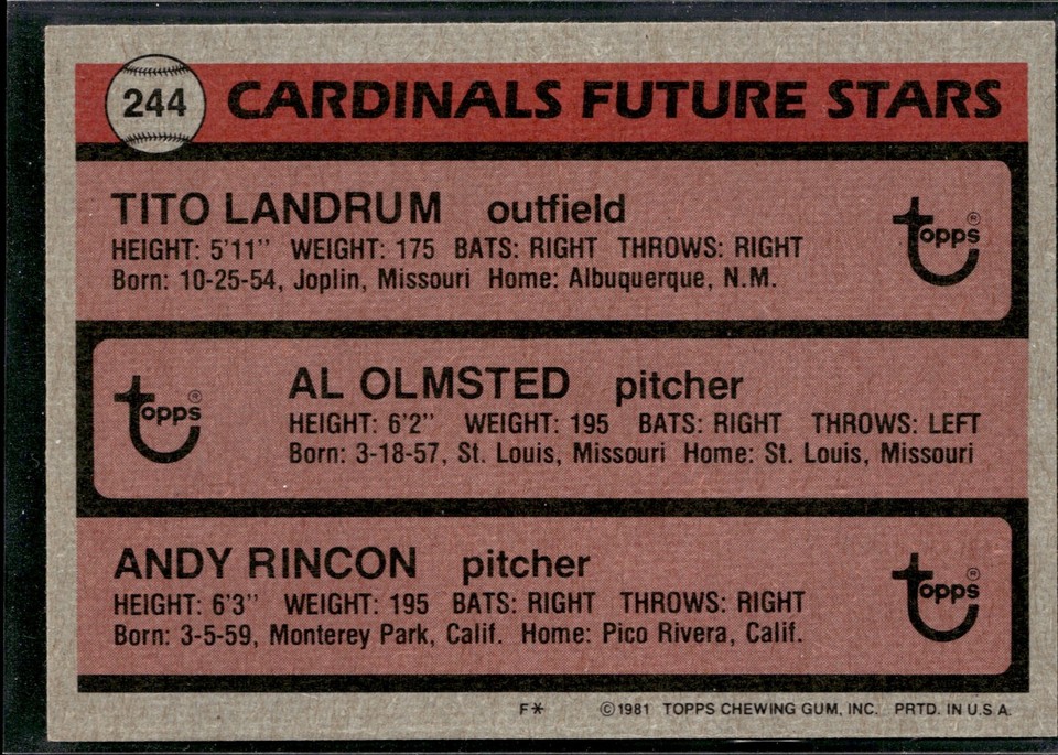 1981 Topps Future Stars #244 TITO LANDRUM - AL OLMSTED - ANDY RINCON ...