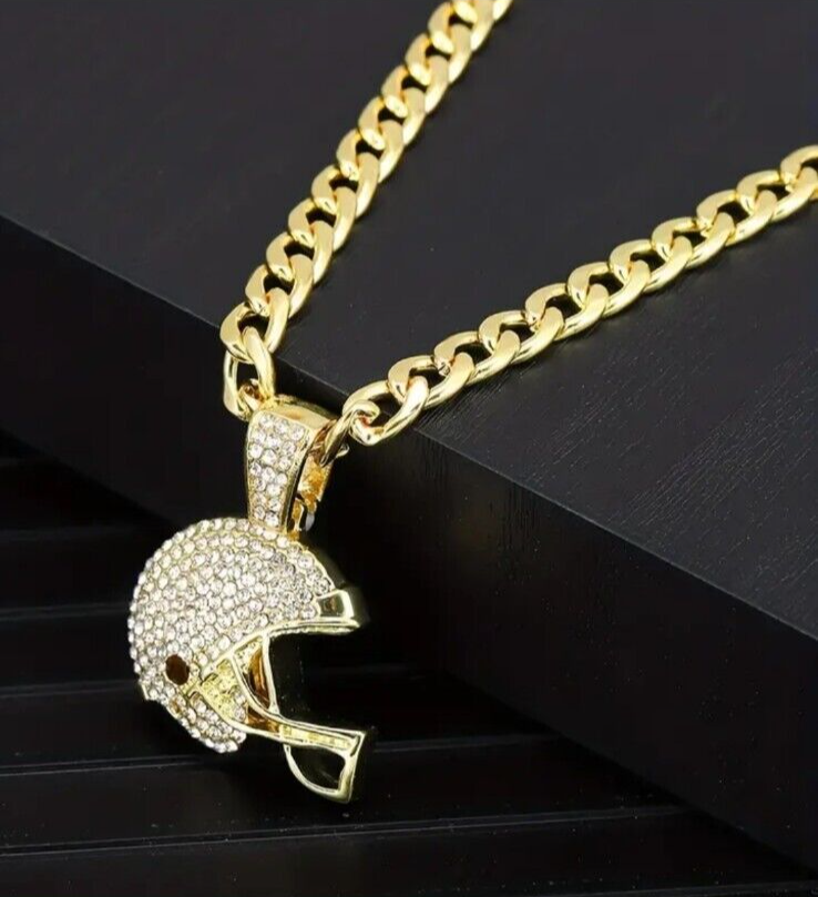 Men's 18K Gold Plated Iced Football Helmet Pendant Cuban Link Chain ...