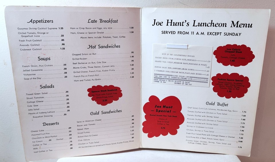 1960s Joe Hunt's steak restaurant food menu Scottsdale, Arizona ...