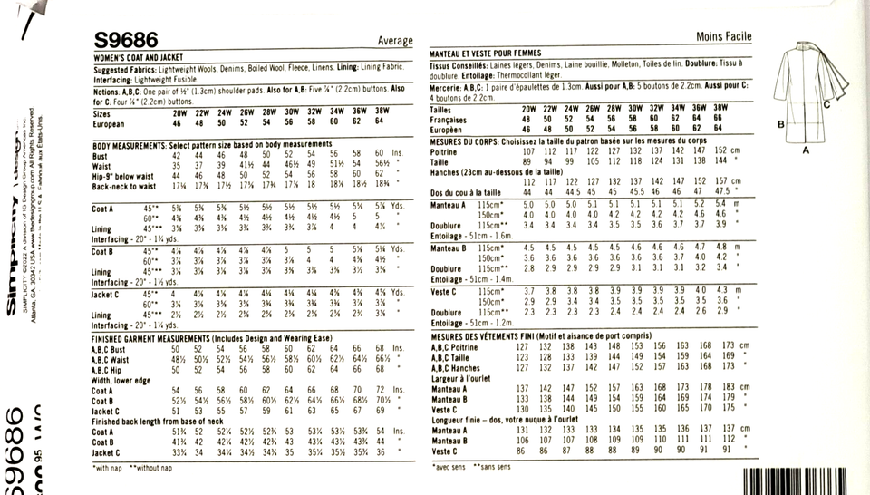 Simplicity 9686 Woman's Coat and Jacket Sewing Pattern Sizes 20W-28W | eBay