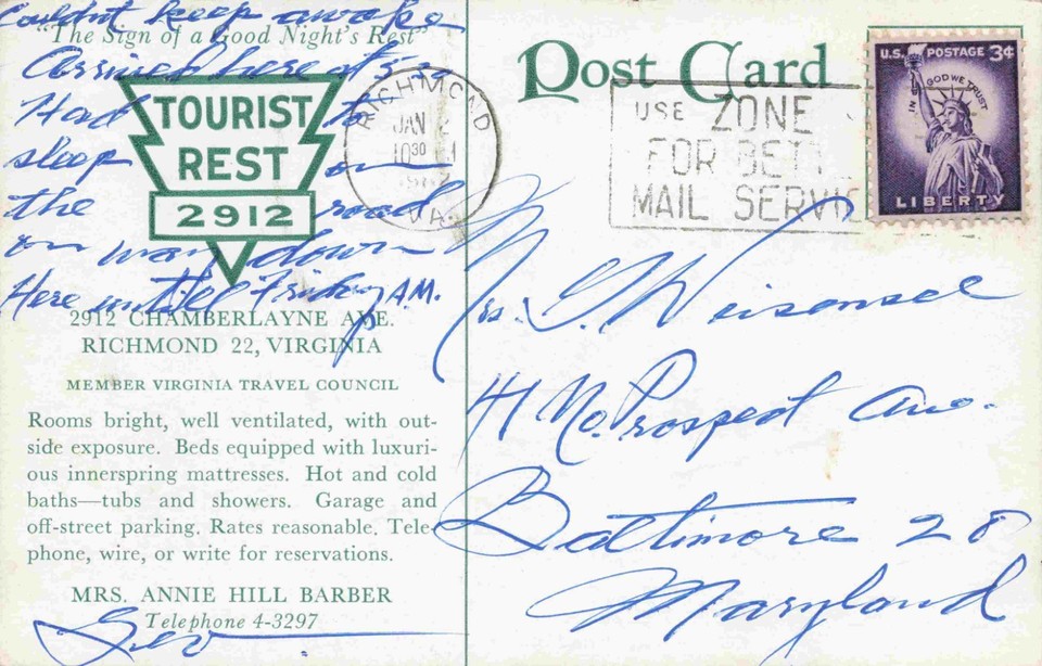 "Tourist Rest", Mrs Annie Hill Barber, Richmond, Virginia VA | eBay