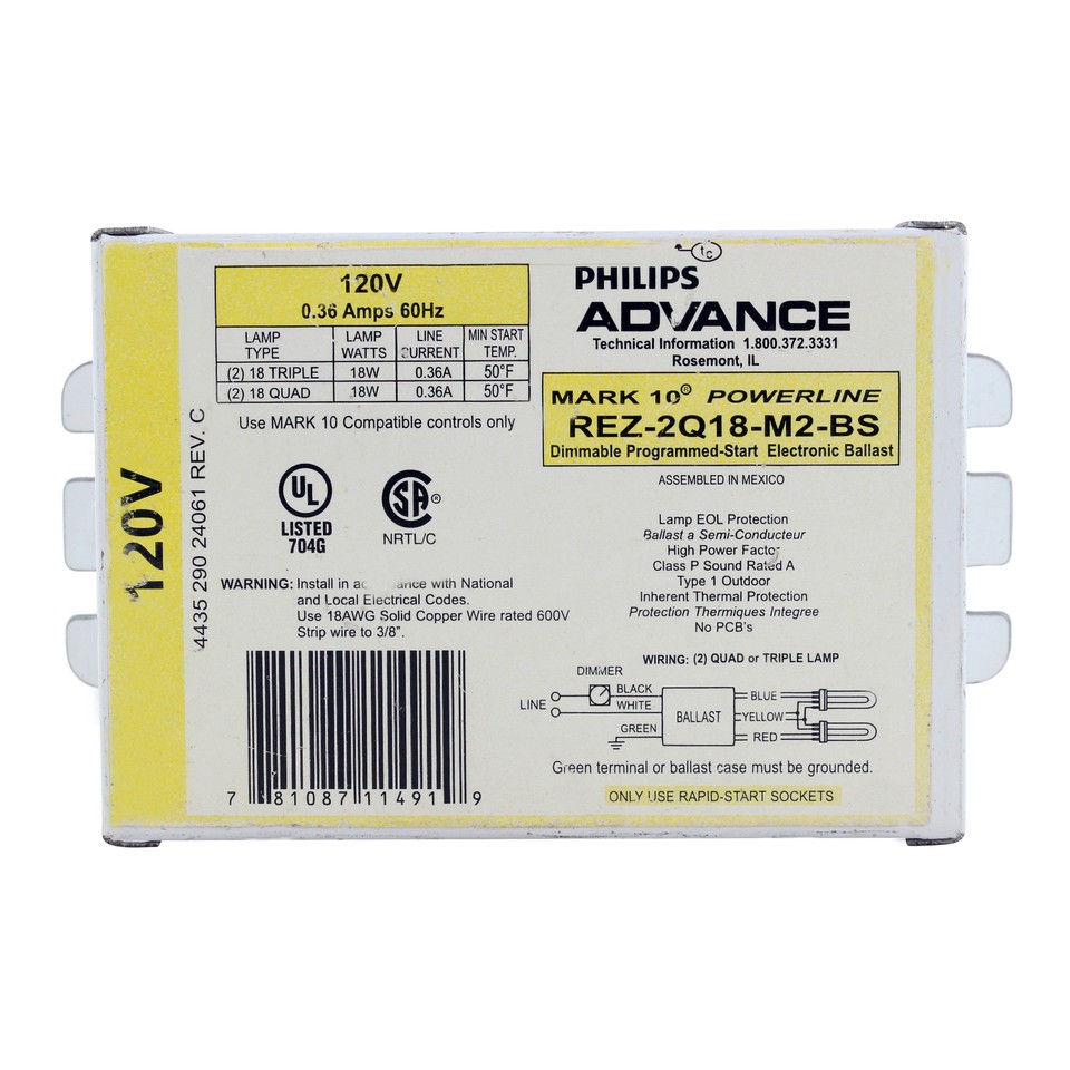 ADVANCE REZ-2Q18-M2-BS CFL FLUORESCENT DIMMING BALLAST, 2-LAMP, 18W ...