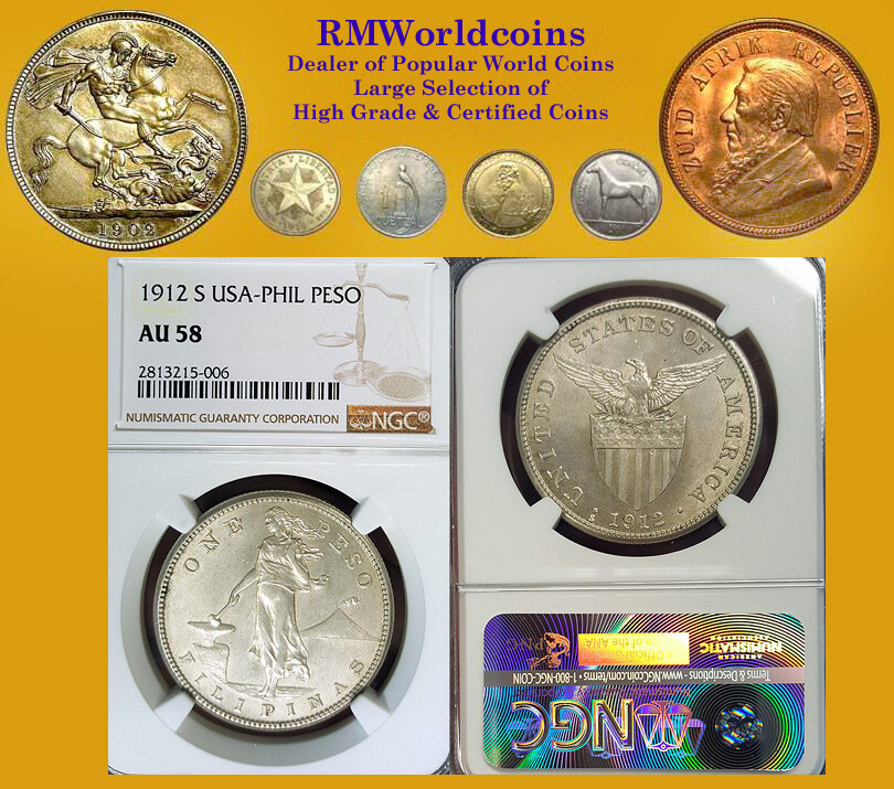 Philippines 1912 S Peso, Superb, Rare Date CH UNC NGC 58+++ Only 1 ...