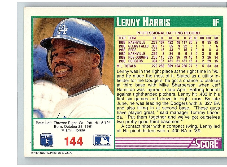 1991 Score Baseball Card Single - #144 Lenny Harris | eBay