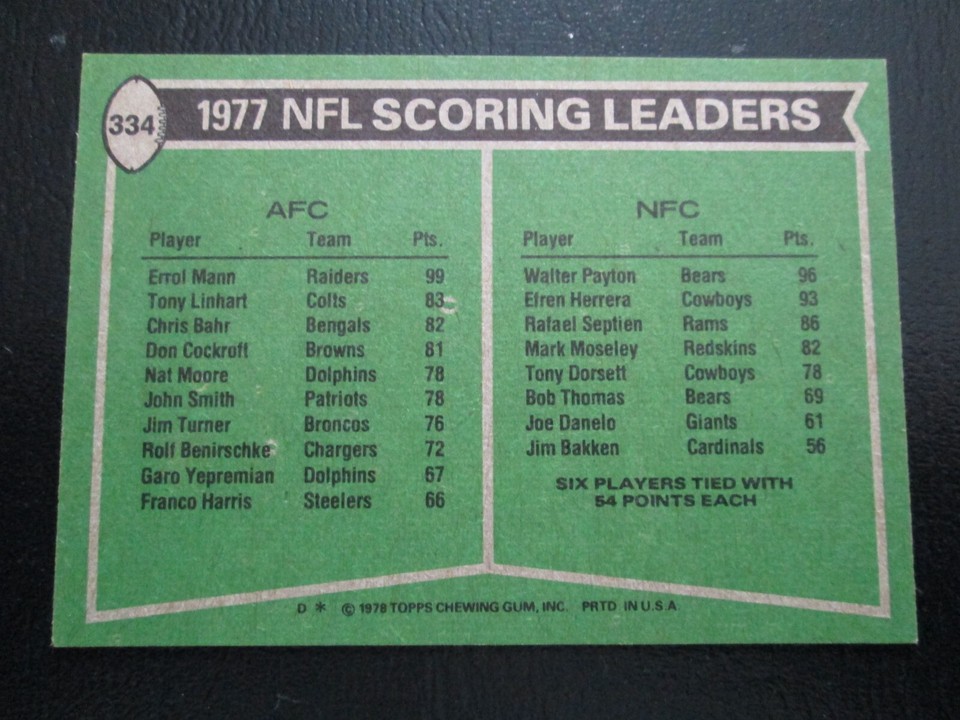 WALTER PAYTON 1978 TOPPS SCORING LEADERS FOOTBALL CARD # 334 EXMT | eBay
