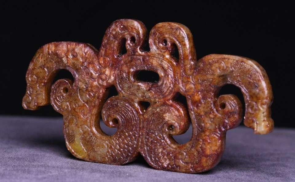 Old Dynasty Natural Hetian Jade Carve Feng Shui Double Dragon Beast ...
