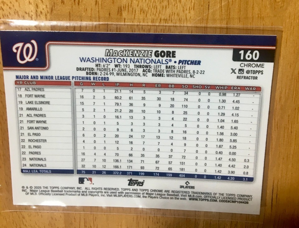 2025 TOPPS CHROME BASEBALL 160 MacKENZIE GORE NATIONALS REFRACTOR | eBay