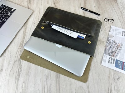 customized Leather office laptop sleeve zipper dark brown Leather ...