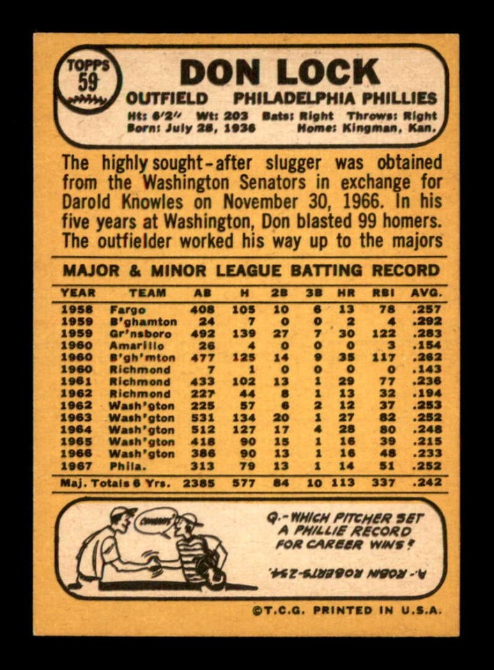 1968 Topps #59 Don Lock EXMT/EXMT+ X1911804 | eBay