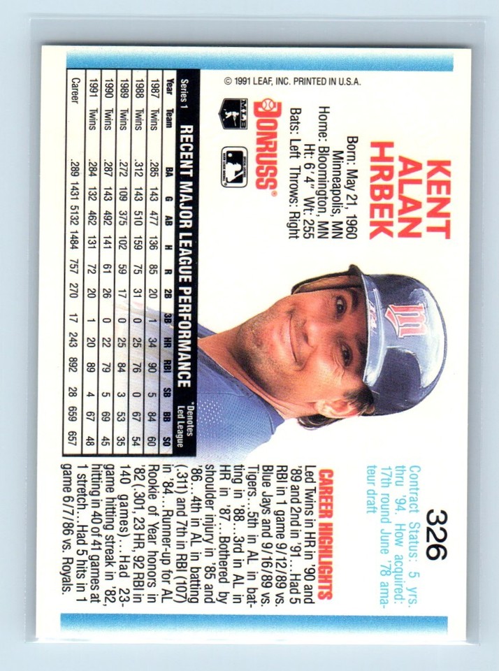 1992 Donruss Straight from Pack!!! Kent Hrbek Minnesota Twins #326 | eBay