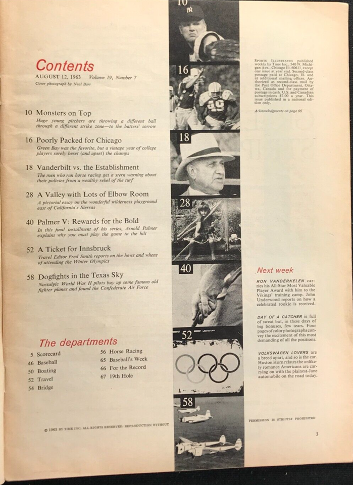 SPORT ILLUSTRATED - Aug 12 1963 - Alfred G. Vanderbilt / Green Bay ...