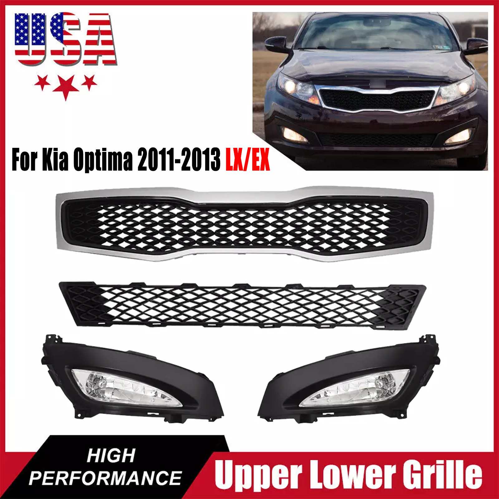 2011-2013 Kia Optima LX EX Front Bumper Upper & Lower Grille & Fog ...