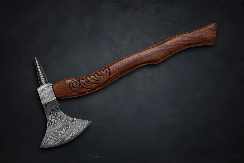 Custom Handmade Damascus Steel tri Axe, Rose Wood Handle, With Leather ...