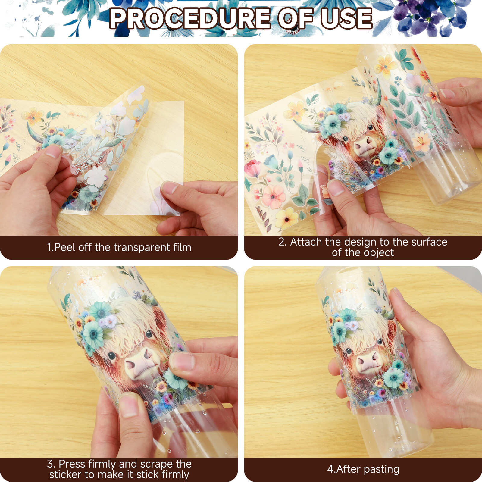 10 Sheets Cup Wrap Transfer Stickers Highland Cow Cartoon Transfer Cup ...