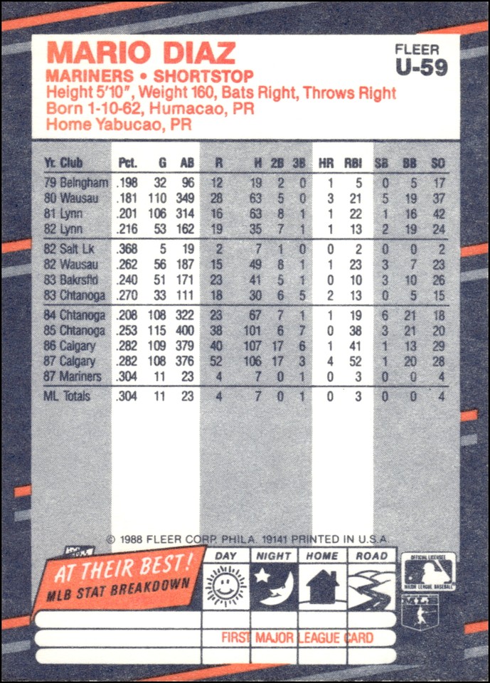 1988 Fleer Update #U-59 Mario Diaz UER Mario On Back Seattle Mariners ...