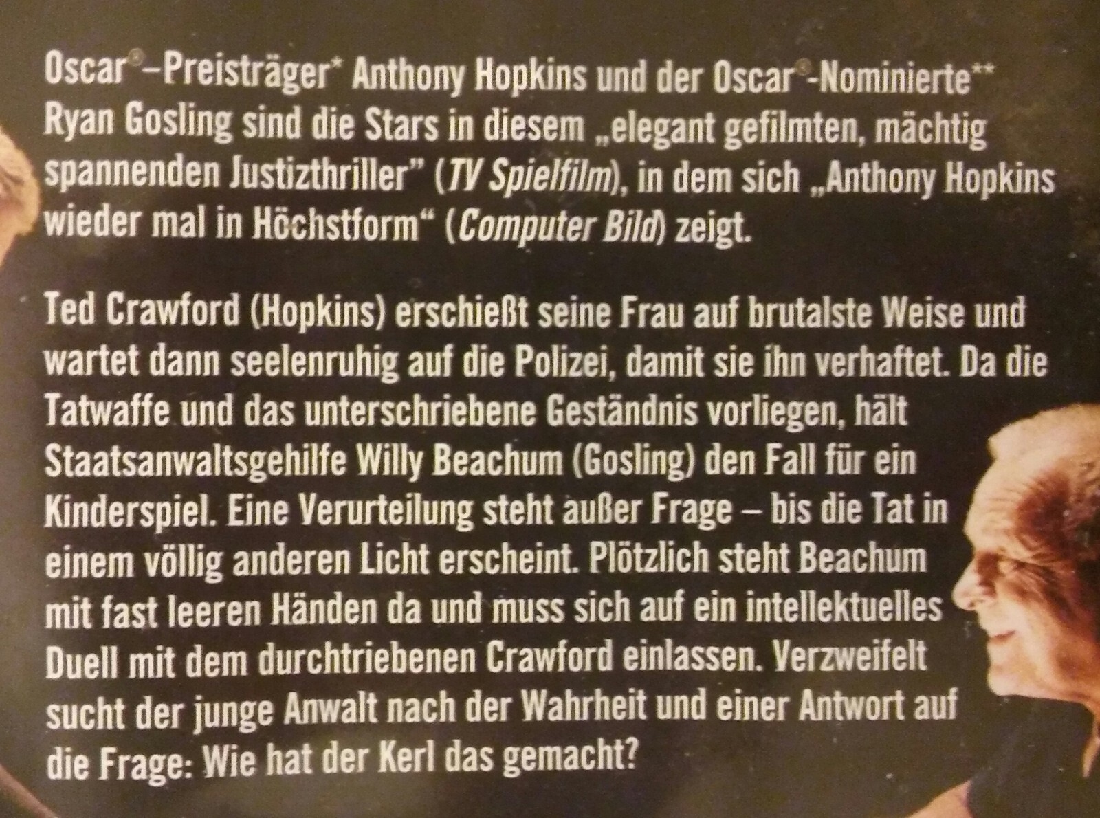 DVD Das perfekte Verbrechen mit Ryan Gosling und Anthony Hopkins FSK ab ...