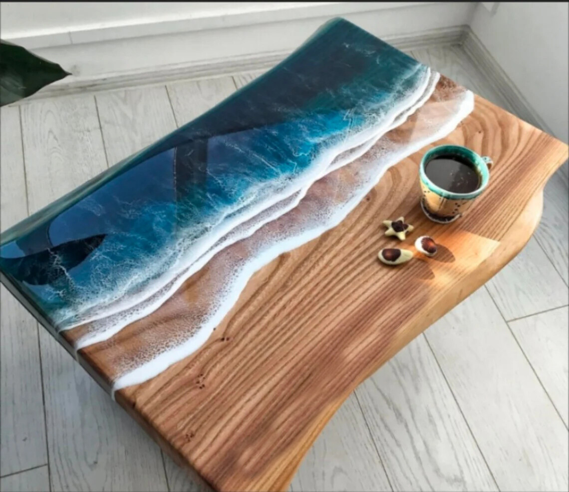 Custom Epoxy Resin River Ocean Wave Resin Coffee Table Wood Plank ...
