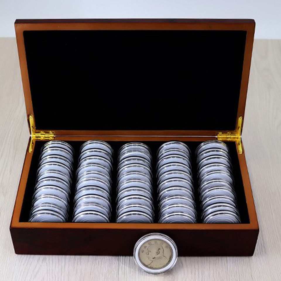 US 50Pcs 46MM Coin Capsules Wood Storage Box W/Characters Coin ...