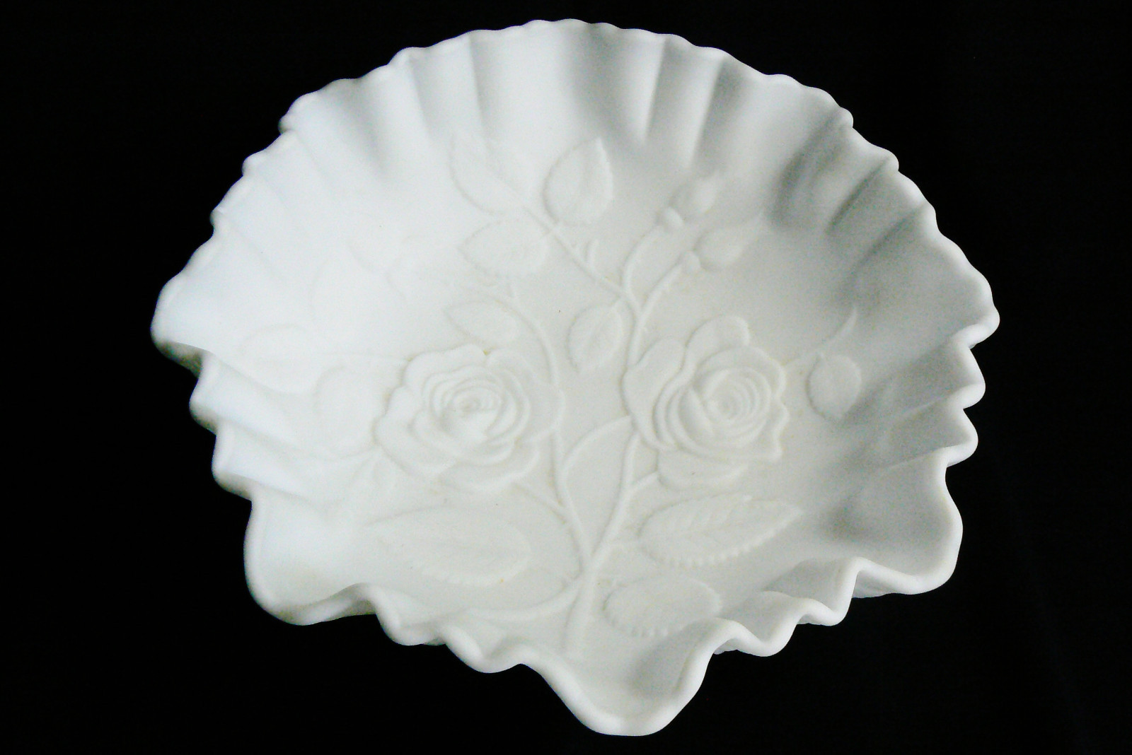 Imperial White Milk Glass Rose Flower Design Decorative Ruffled Bowl ...