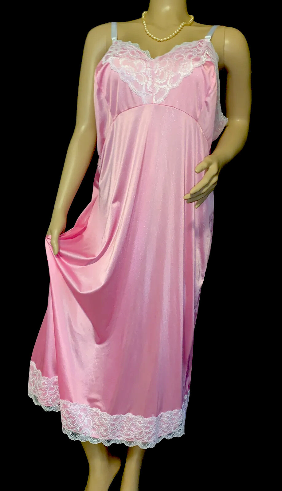 46 48 Vintage Silky Pink Nylon Full Slip Chantilly La… - Gem