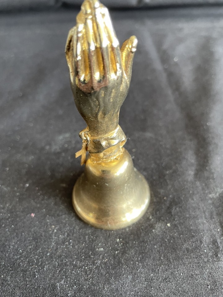 Metal Bell Gold Color Small 3 1/2 In high praying hands w cross 1 1/2 ...