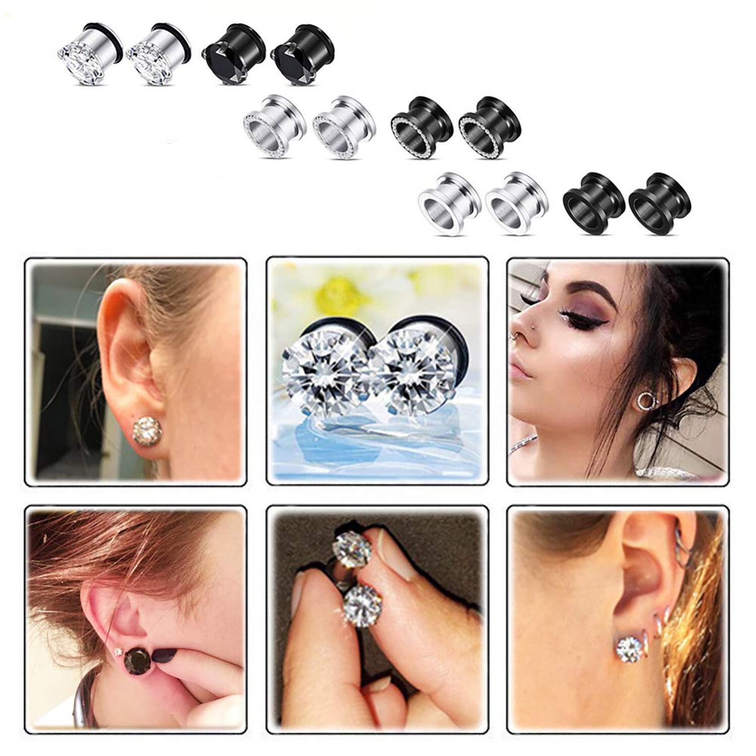 3 Pairs Ear Tunnels Plugs Gem Gauge Surgical Steel Expander Stretcher ...