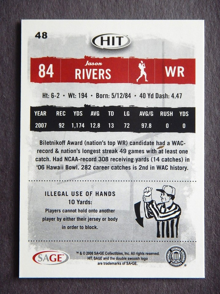 Jason Rivers #48 Sage 2008 Football Card (WAC (NCAA) VG | eBay