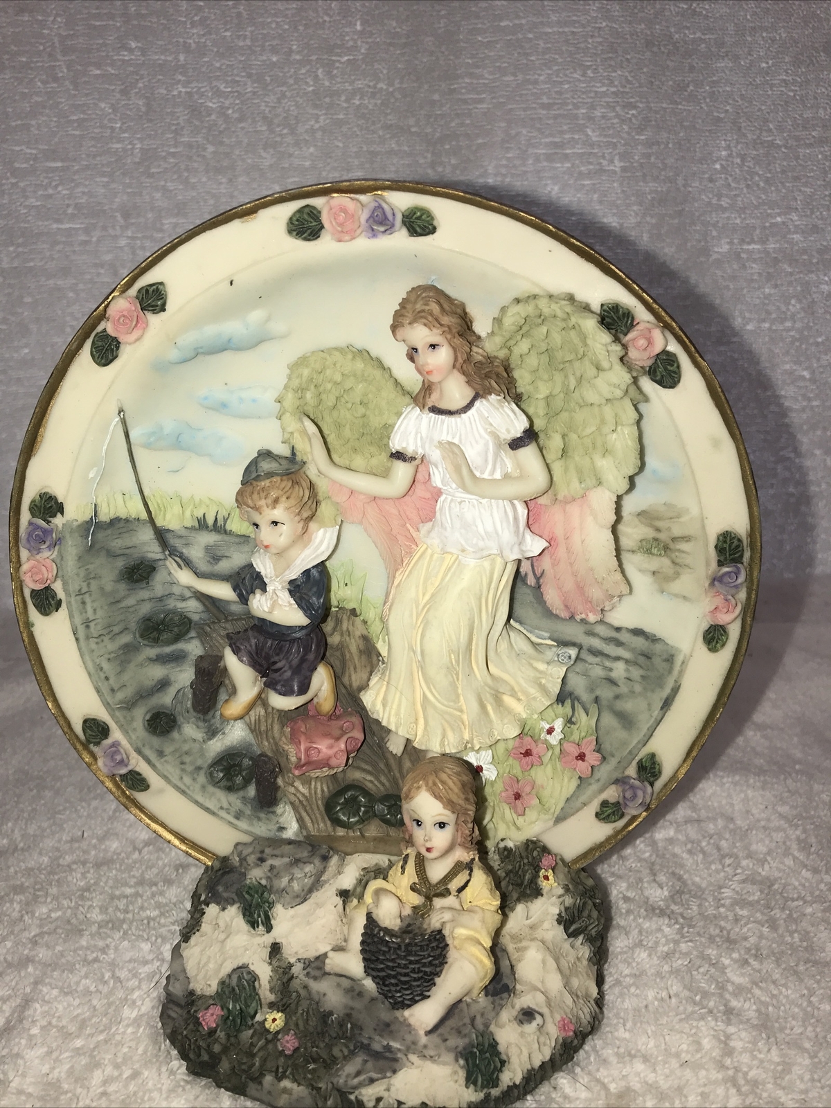 3D Guardian Angel Plate Handcrafted w Boy Fishing on Dock 7.25” And ...