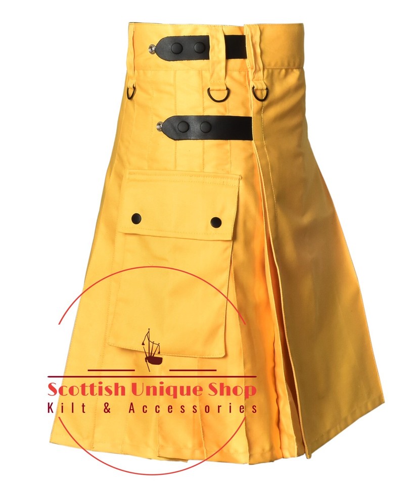 Scottish Handmade Yellow Kilt Utility Deluxe Cotton Leather Straps ...