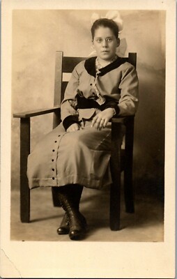 Vintage Real Photo RPPC Postcard A serious Young Lady Dorotha with Bow ...