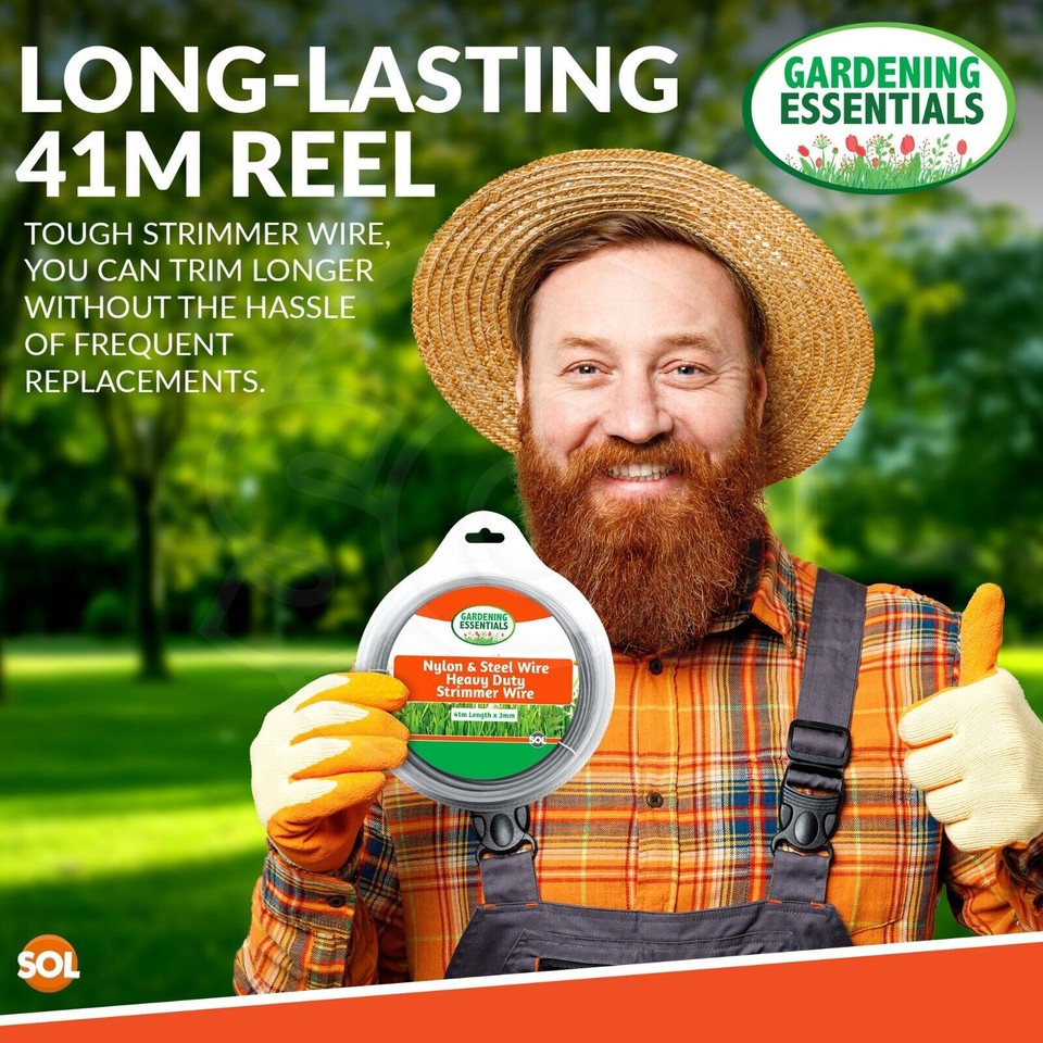 41M Heavy Duty Steel Strimmer Trimmer Line Cord 3mm Nylon Metal Wire ...