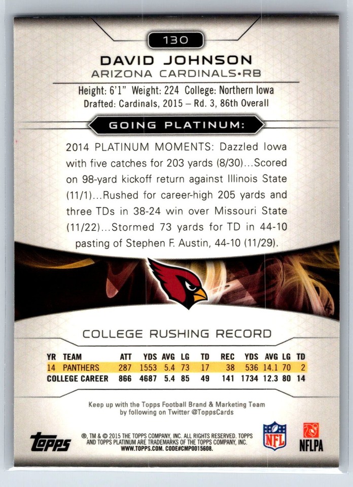 2015 Topps Platinum David Johnson Rookie Orange Refractor RC #130 | eBay