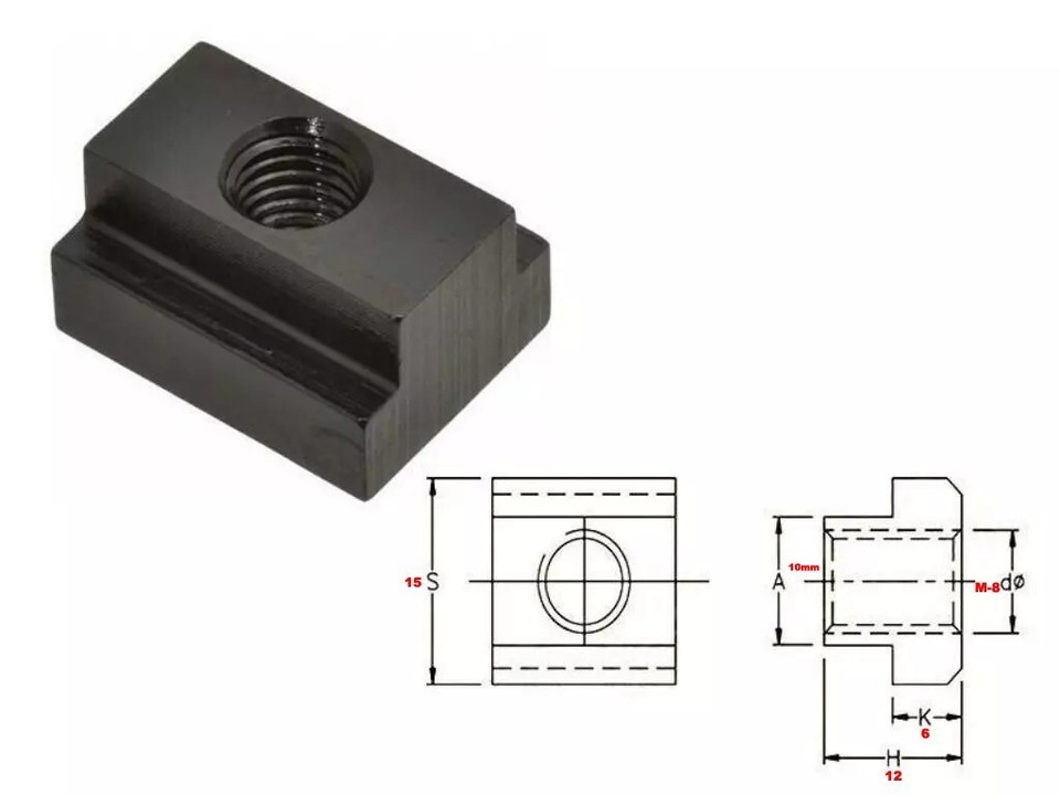 PACK OF 6 T-SLOT NUT M-8 THREAD & SLOT SIZE 10MM CLAMPING FOR TABLE ...