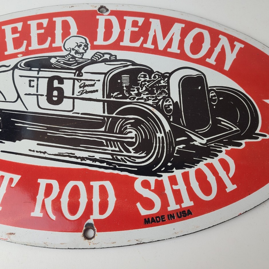 Vintage Hot Rod Shop Sign - Speed Demon Gasoline Service Pump Porcelain ...