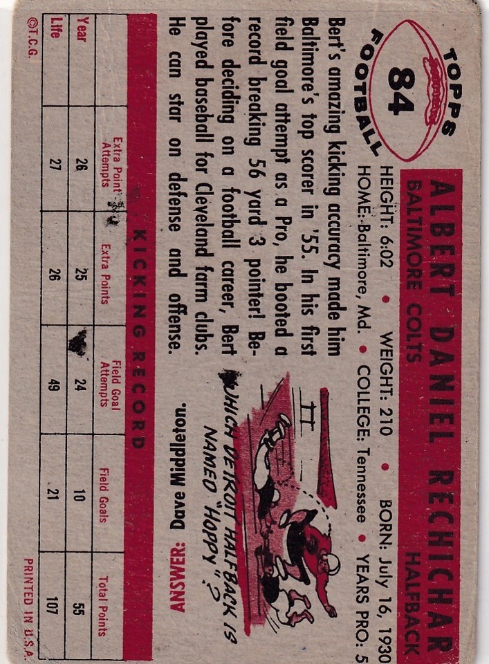1956 TOPPS BERT RECHICHAR BALTIMORE COLTS #84 (REVIEW PICS) (VG-EX) JC ...