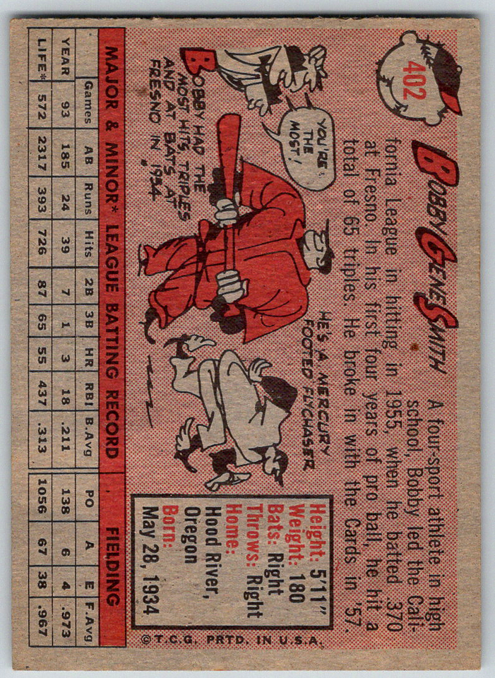 1958 Topps BOBBY GENE SMITH #402 St. Louis CARDINALS Nice Fast FREE ...