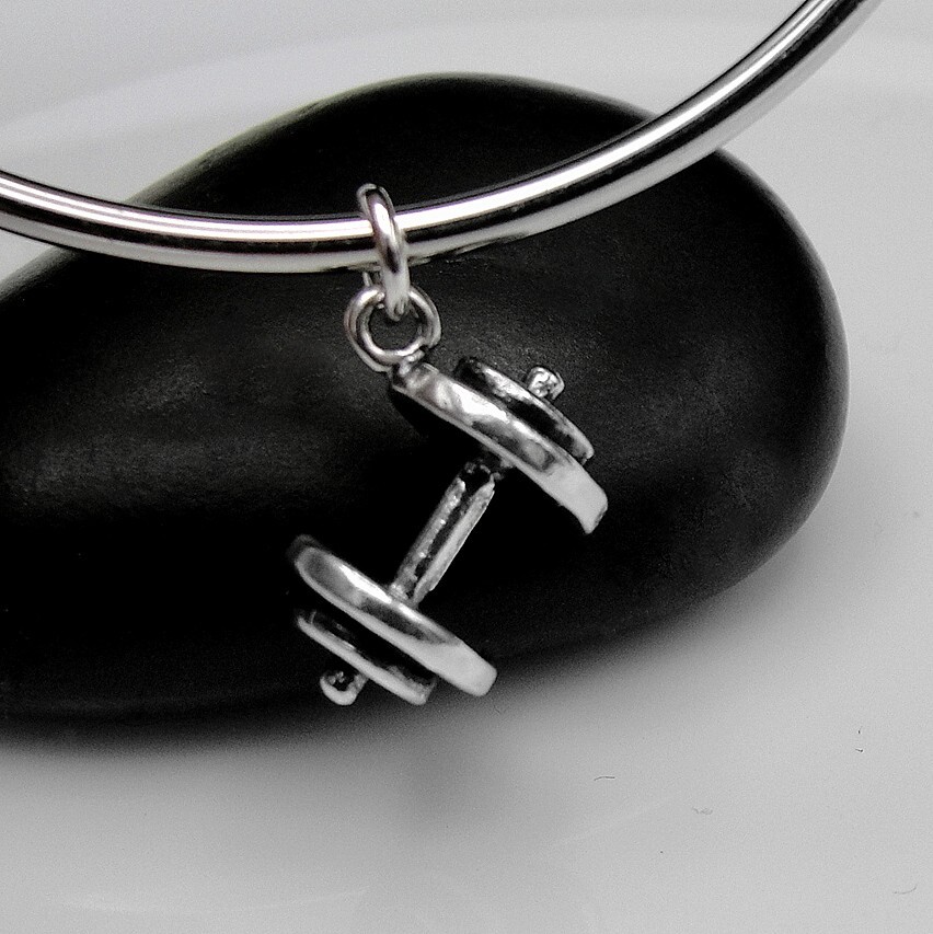 925 Sterling Silver Barbell Charm - 3D Dumbbell Charm - Weight Lifting ...