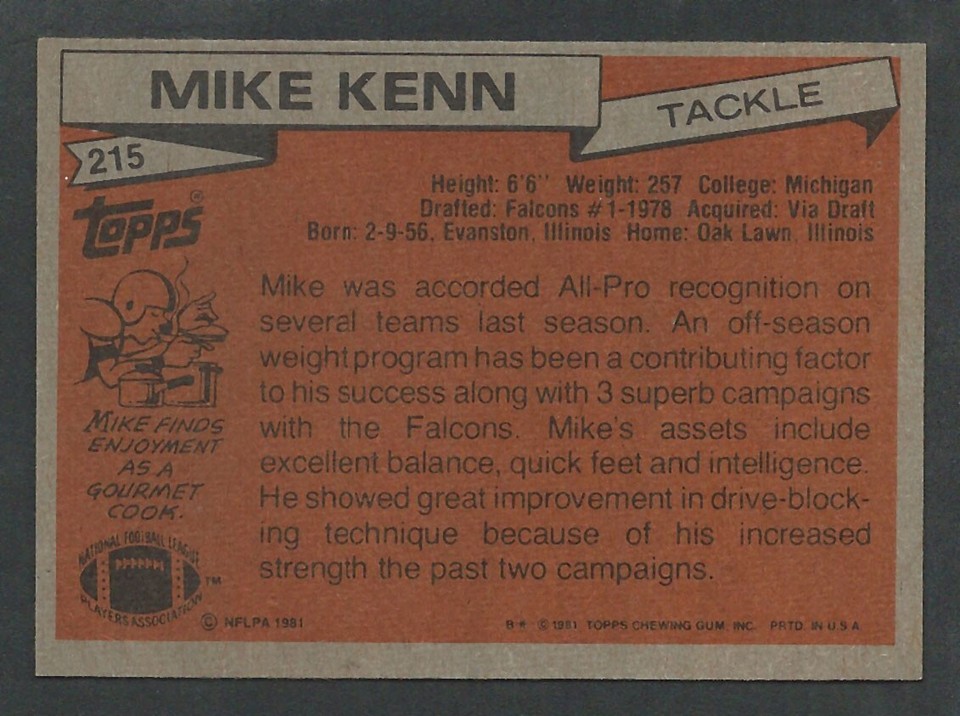 1981 Topps #215 MIKE KENN Atlanta Falcons ROOKIE CARD - FLAWLESS ...
