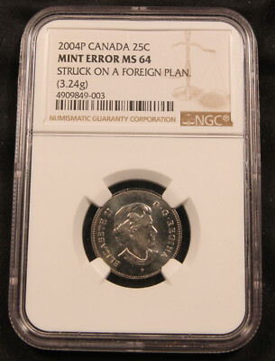 2004-P Canada 25 cents. ERROR struck on Foreign Planchet. NGC MS64. 3. ...