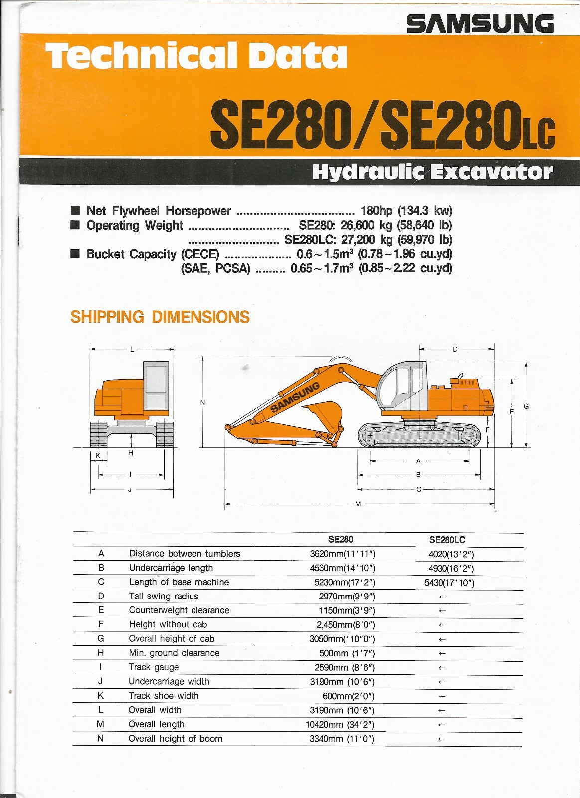 Original Samsung Model SE280 SE280LC Hydraulic Excavator Technical Data ...