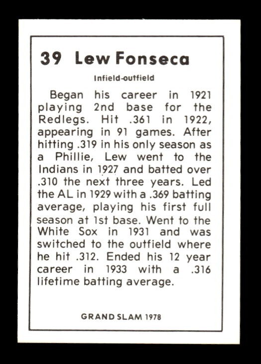 LEW FONSECA SIGNED 1978 GRAND SLAM #39 ON-CARD AUTO - CHICAGO WHITE SOX ...
