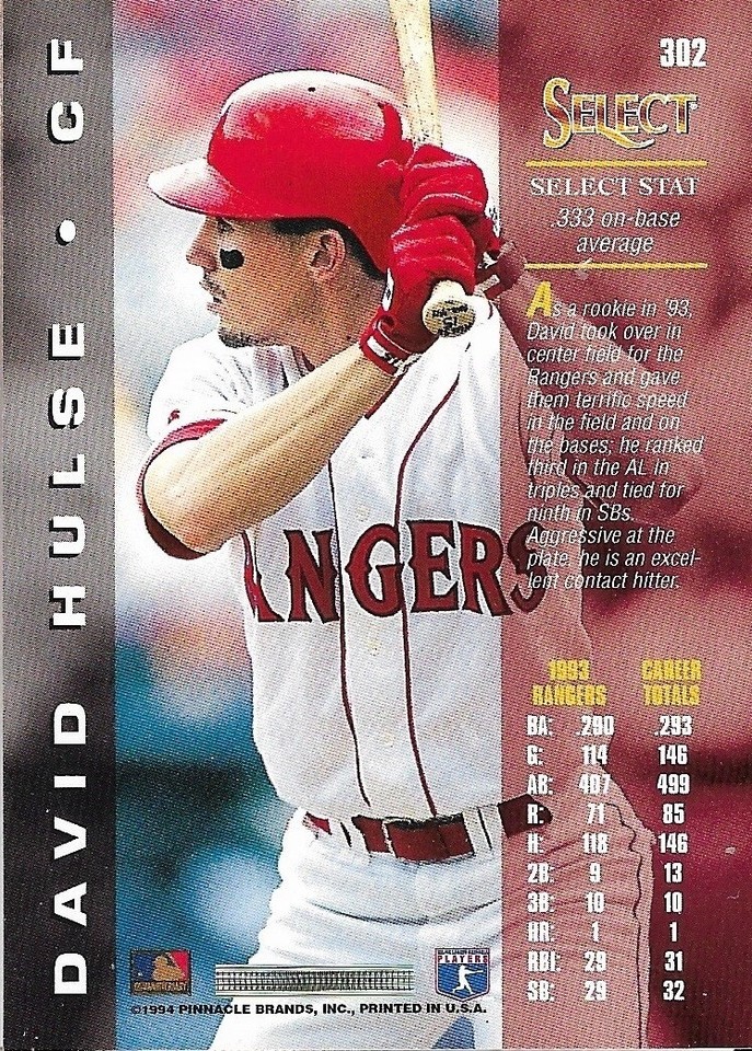 1994 Score Select David Hulse Rookie 302 Texas Rangers Baseball Card | eBay