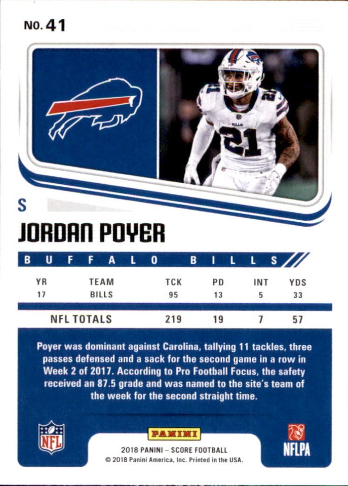 2018 Score #41 Jordan Poyer Buffalo Bills NFL Football Card NM-MT | eBay
