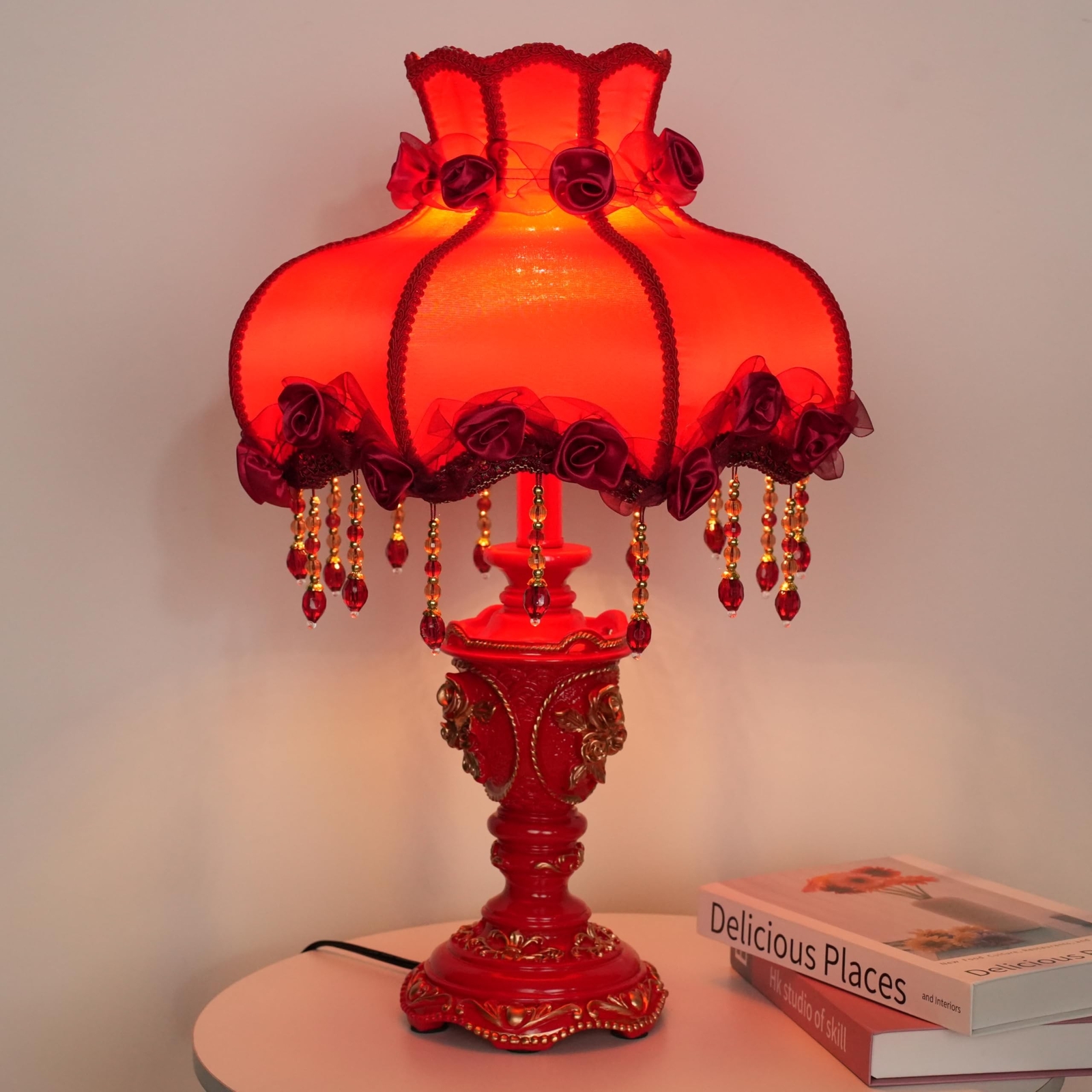 Elegant Table Lamp with Fabric Lampshade, Antique Flower Decorative ...