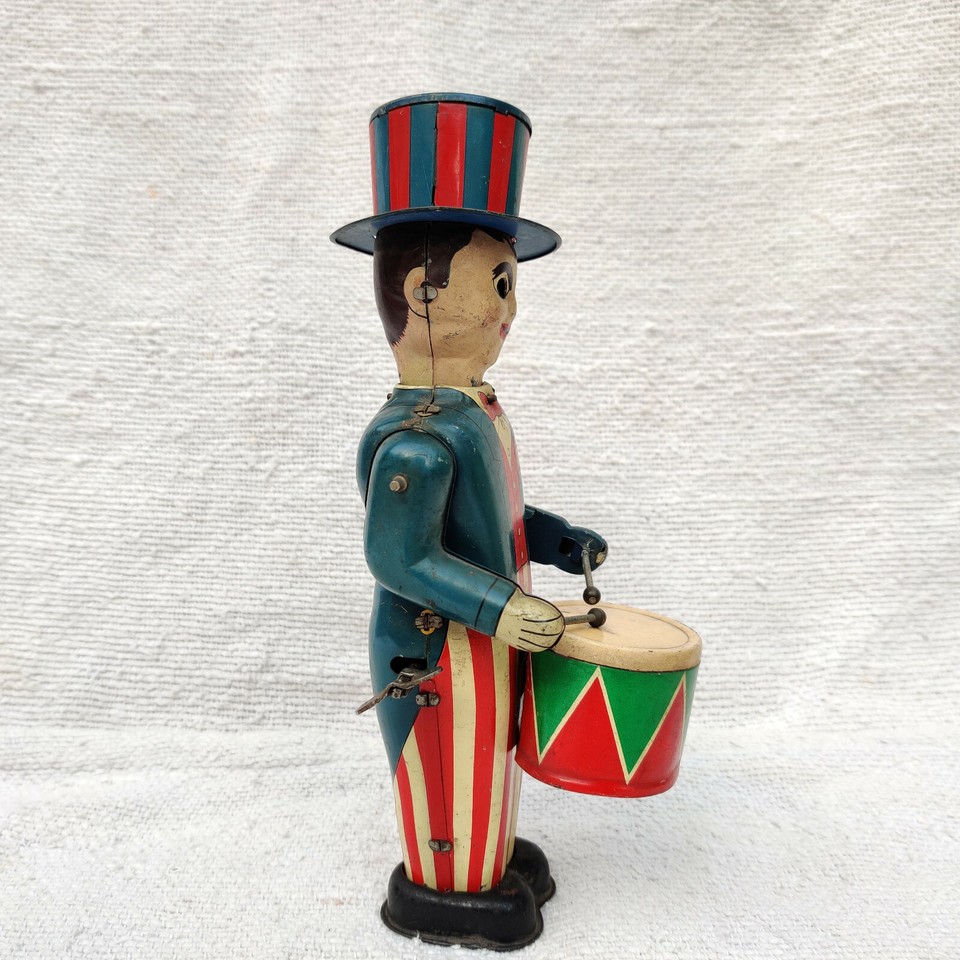 Vintage ABC Trademark Clown Playing Drums Clockwork Windup Tin Toy ...