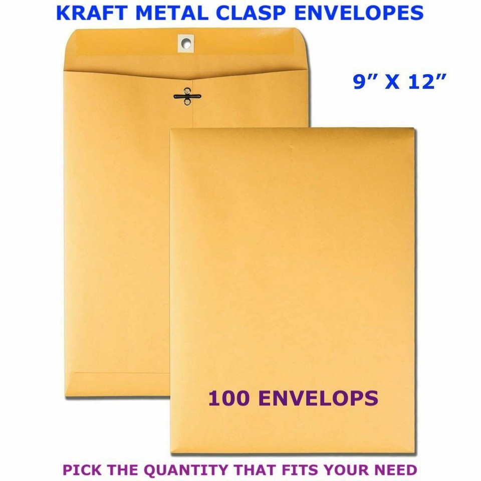 9" x 12" Kraft Metal Clasp Envelope - Heavyweight 28# Gummed - PICK ...