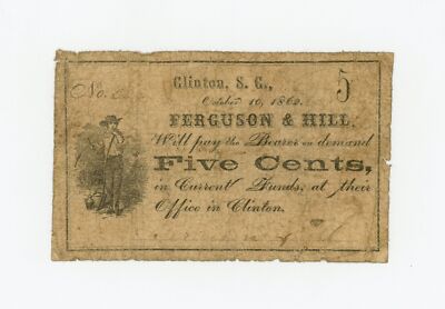 1862 5c Ferguson & Hill - Clinton, SOUTH CAROLINA Merchant Scrip | eBay